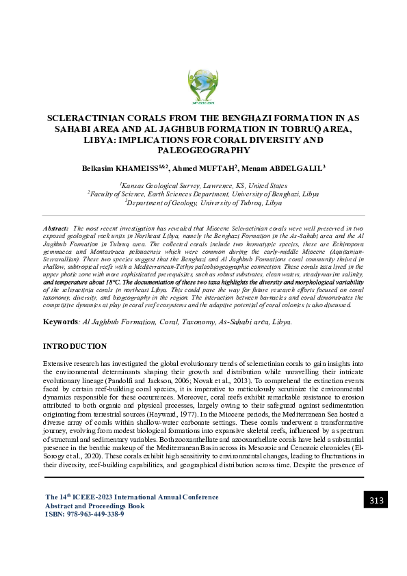 (PDF) SCLERACTINIAN CORALS FROM THE BENGHAZI FORMATION IN AS SAHABI ...