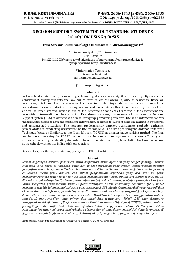 (PDF) Decision Support System for Outstanding Students’ Selection Using TOPSIS