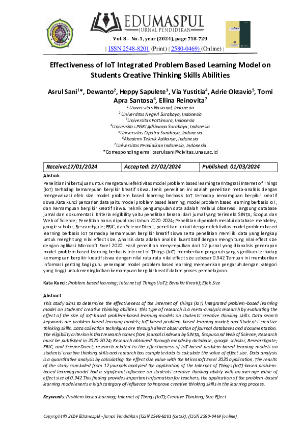 (PDF) Effectiveness of IoT Integrated Problem Based Learning Model on Students Creative Thinking ...