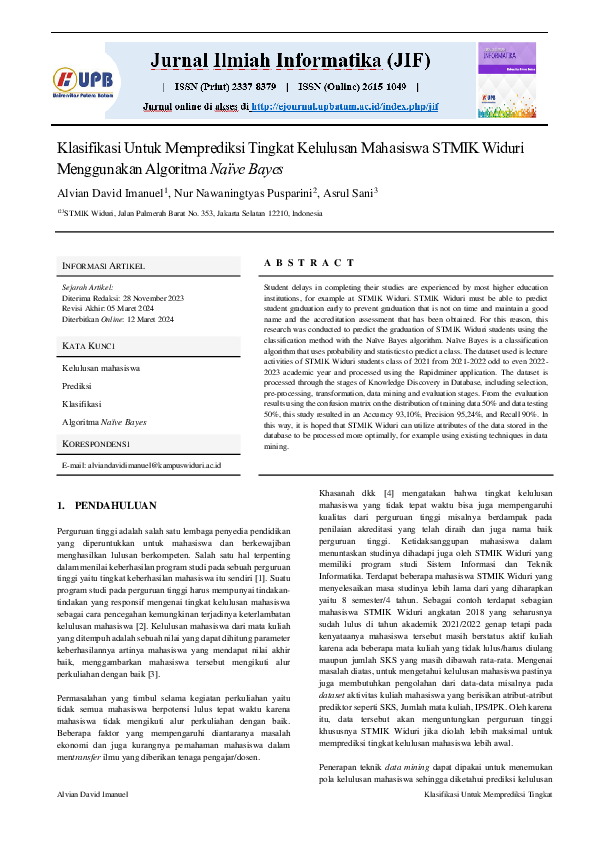 (PDF) Klasifikasi Untuk Memprediksi Tingkat Kelulusan Mahasiswa Stmik Widuri Menggunakan ...