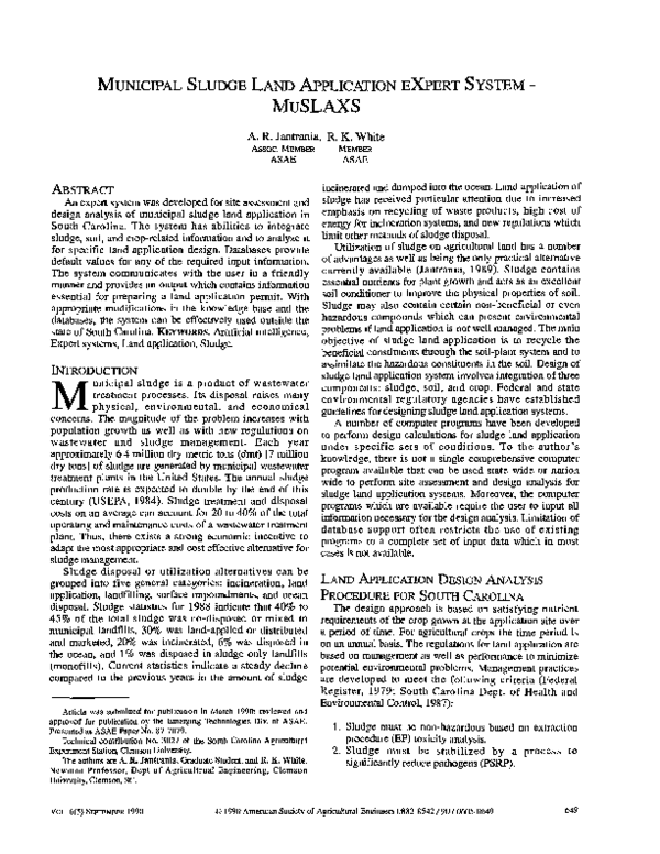 (PDF) Municipal Sludge Land Application eXpert System - MuSLAXS