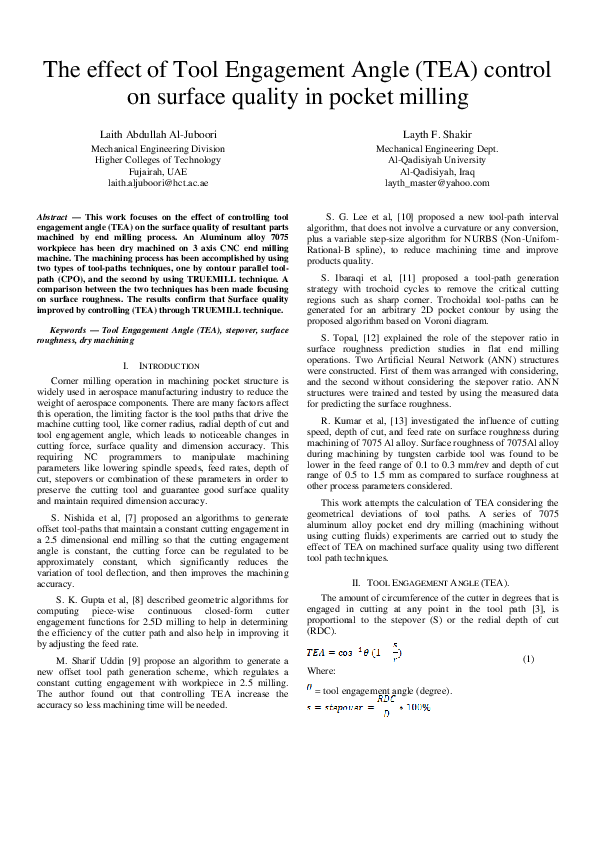 (PDF) The effect of Tool Engagement Angle (TEA) control on surface ...