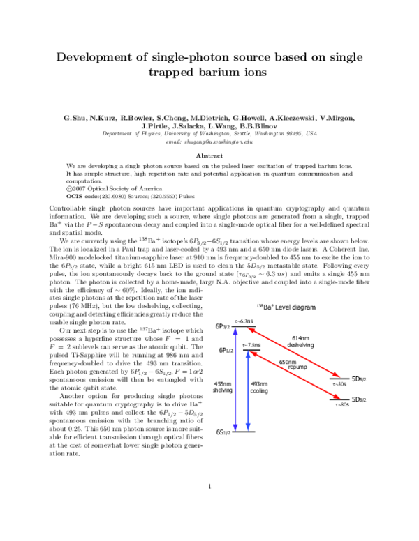 (PDF) Development of Single-Photon Source Based on Single Trapped Barium Ions