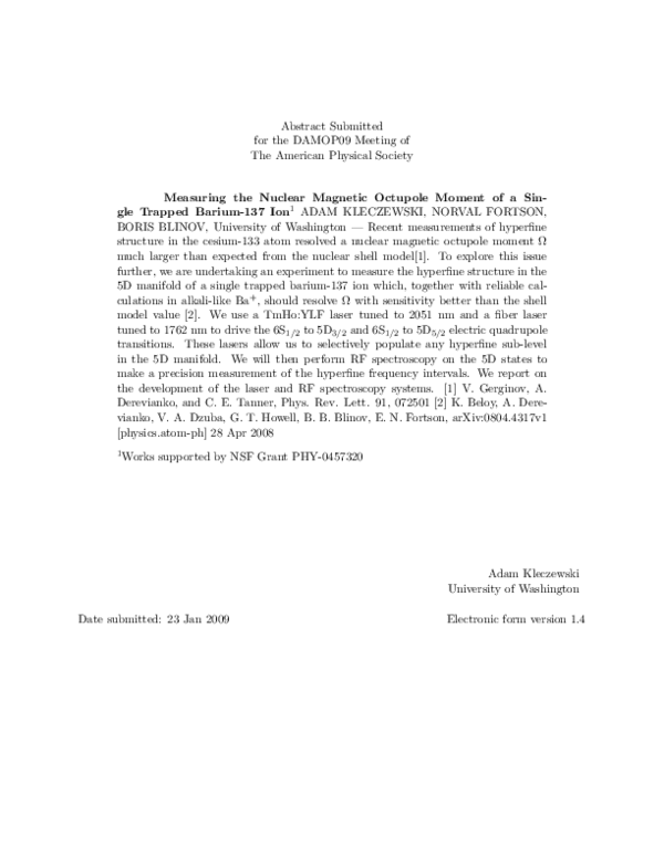 (PDF) Measuring the Nuclear Magnetic Octupole Moment of a Single Trapped Barium-137 Ion