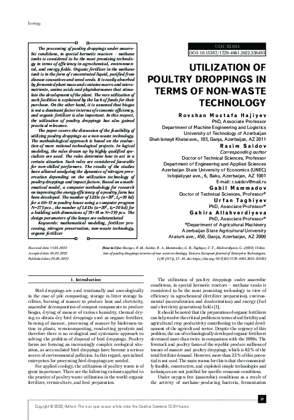 (PDF) Utilization of poultry droppings in terms of non-waste technology