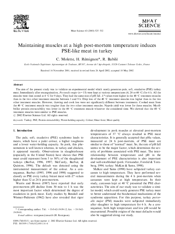 (PDF) Maintaining muscles at a high post-mortem temperature induces PSE-like meat in turkey