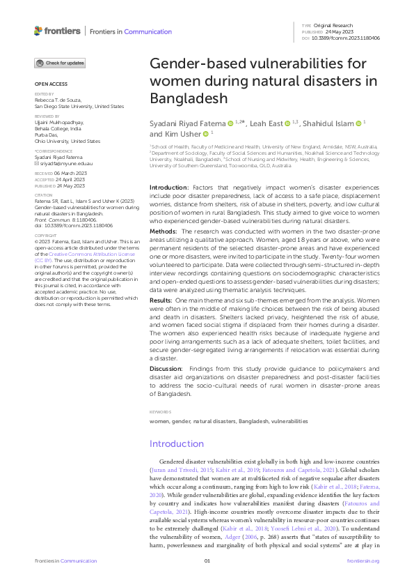(PDF) Gender-based vulnerabilities for women during natural disasters ...