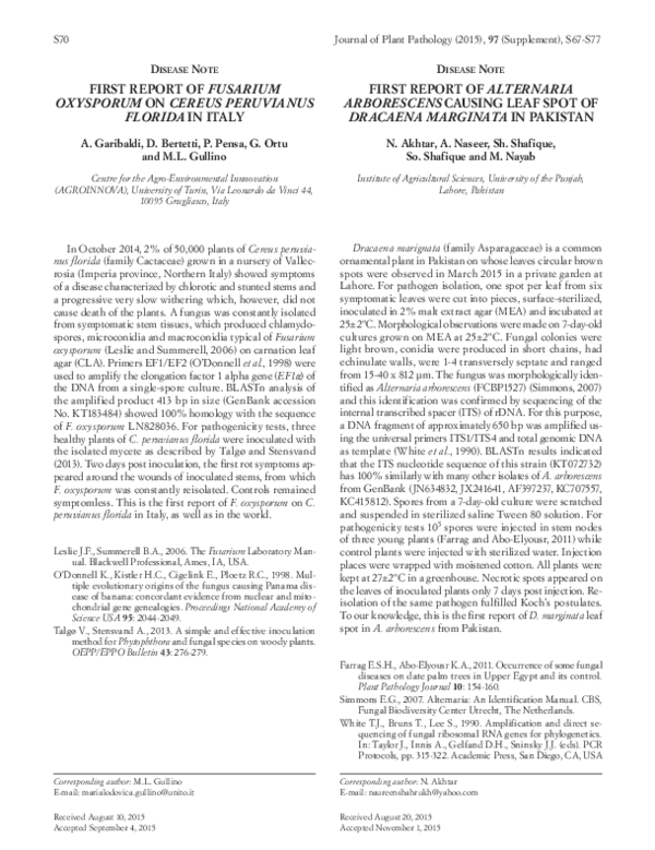 (PDF) First Report of Alternaria Arborescens Causing Leaf Spot of ...