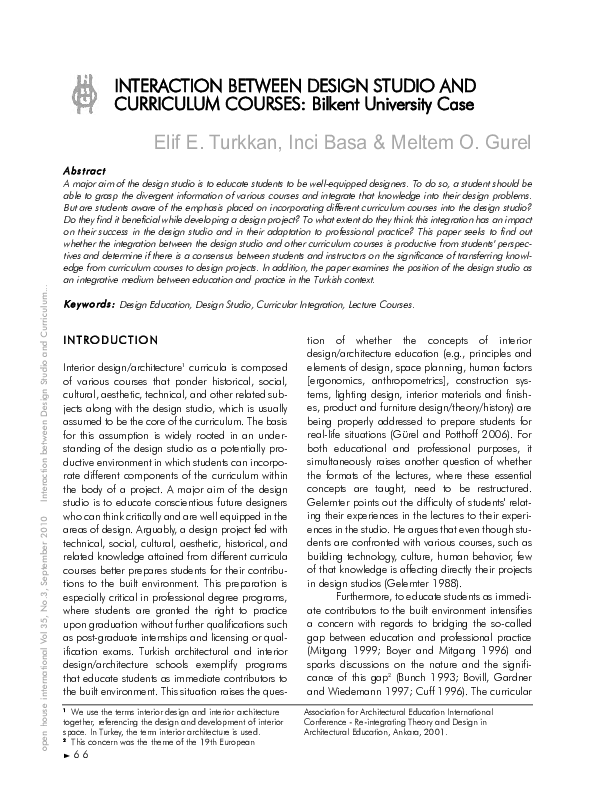 (PDF) Interaction Between Design Studio and Curriculum Courses: Bilkent ...