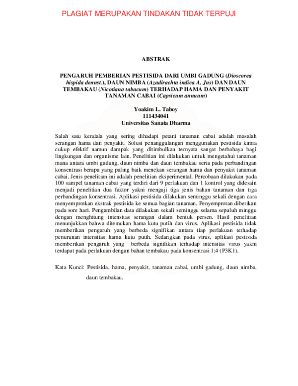(PDF) Pengaruh pemberian pestisida dari umbi gadung (Dioscorea hispida ...