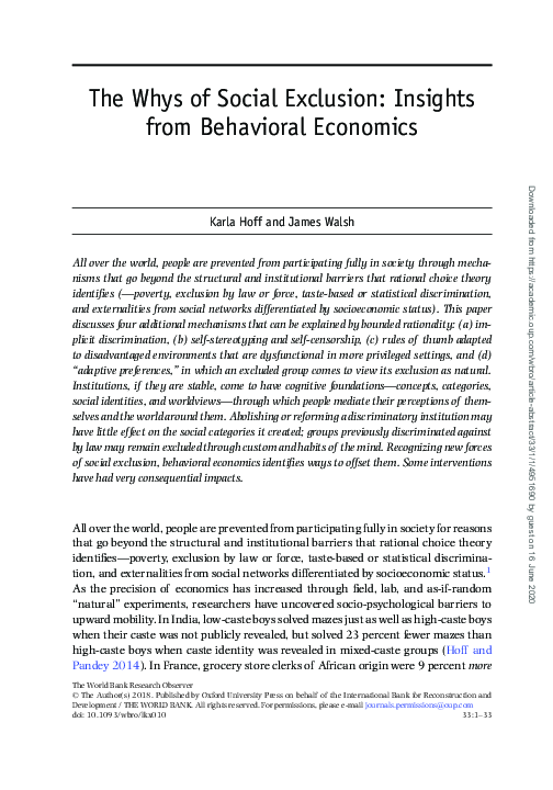 (PDF) The Whys of Social Exclusion: Insights from Behavioral Economics