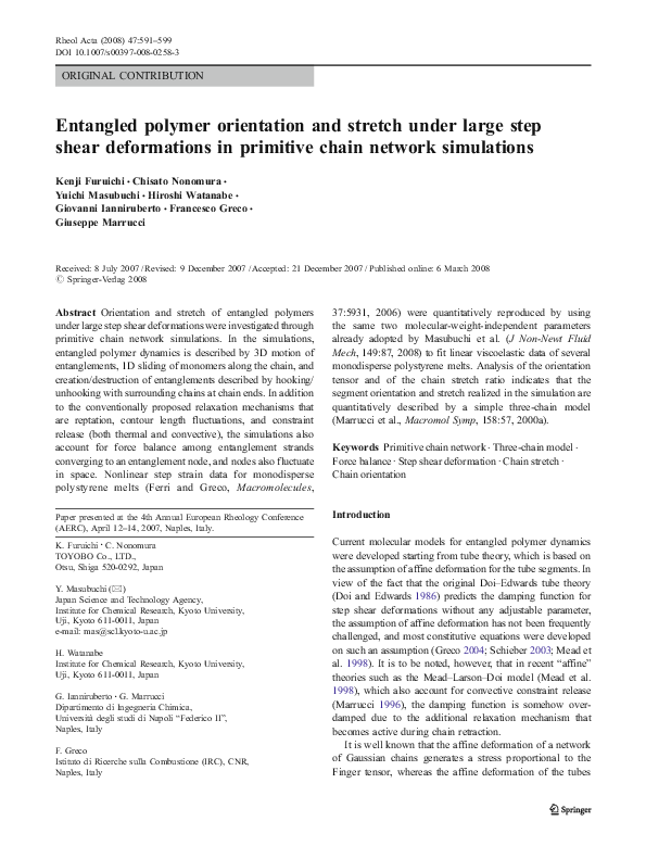 (PDF) Entangled polymer orientation and stretch under large step shear deformations in primitive ...