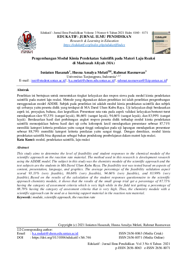 (PDF) Pengembangan Modul Kimia Pendekatan Saintifik pada Materi Laju Reaksi di Madrasah Aliyah (MA)