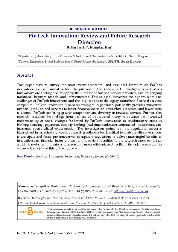 (PDF) FinTech Innovation: Review and Future Research Directions