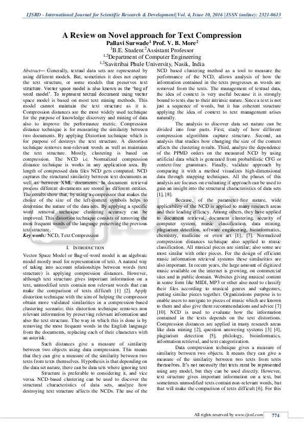 (PDF) A Review on Novel approach for Text Compression