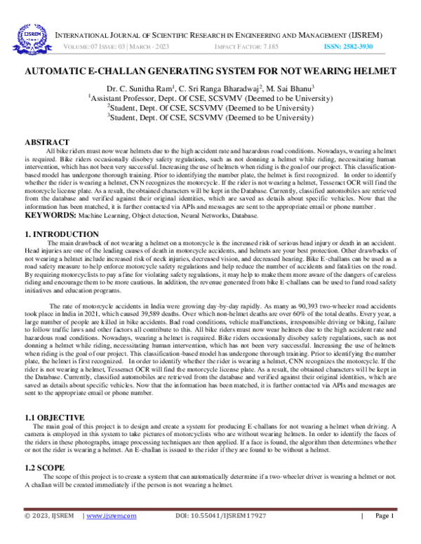 (PDF) Automatic E-Challan Generating System for Not Wearing Helmet