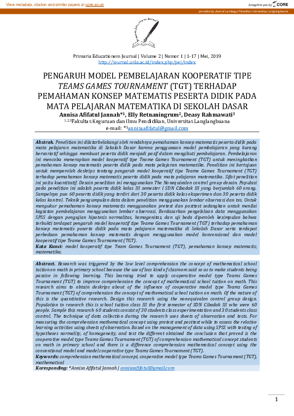 (PDF) Pengaruh Model Pembelajaran Kooperatif Tipe Teams Games Tournament (TGT) Terhadap ...