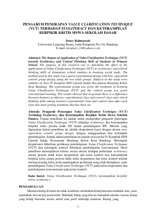 (PDF) Pengaruh Penerapan Value Clarification Technique (VCT) Terhadap Ecoliteracy Dan ...