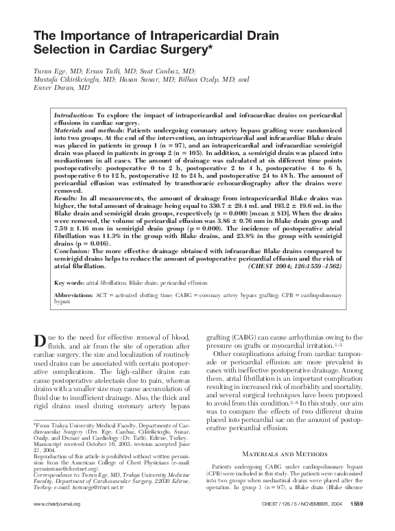 (PDF) The Importance of Intrapericardial Drain Selection in Cardiac Surgery