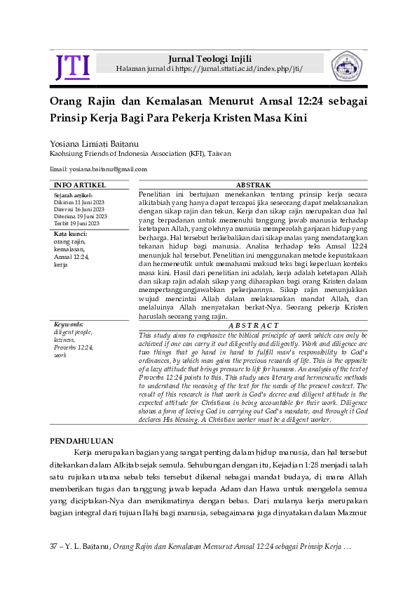 (PDF) Orang Rajin dan Kemalasan Menurut Amsal 12:24 sebagai Prinsip ...