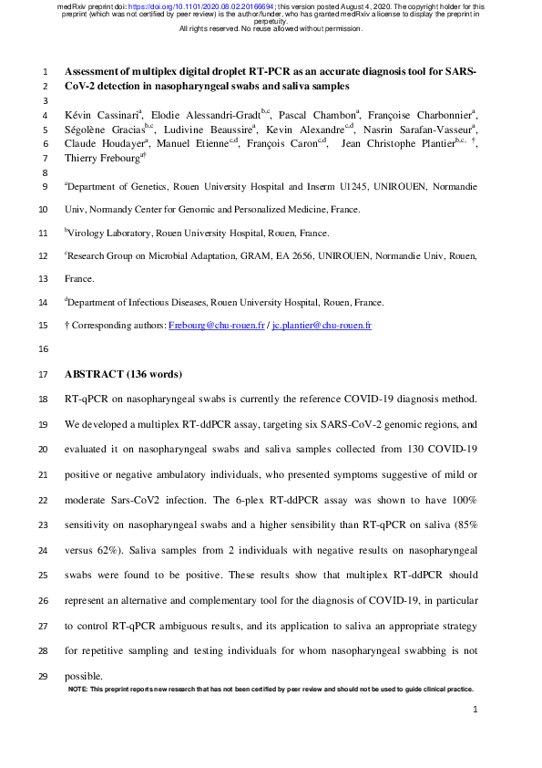 (PDF) Assessment of multiplex digital droplet RT-PCR as an accurate diagnosis tool for SARS-CoV ...
