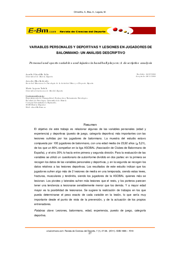 (PDF) Personal and sports variables and injuries in handball players: A ...
