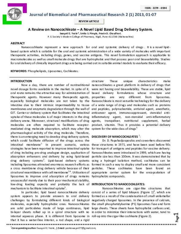 (PDF) A Review on Nanocochleate – A Novel Lipid Based Drug Delivery System