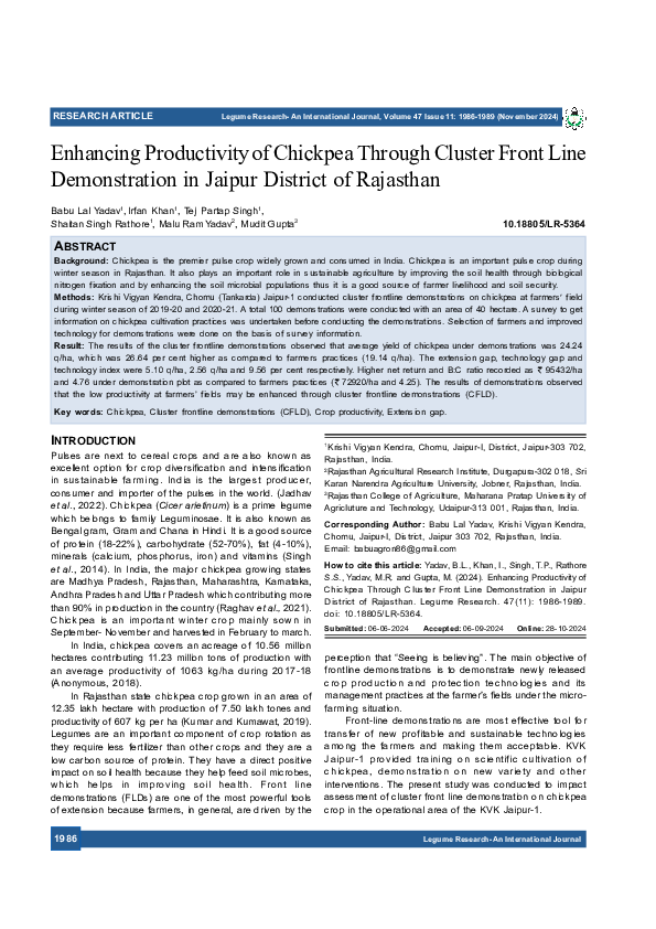 (PDF) Enhancing Productivity of Chickpea Through Cluster Front Line ...