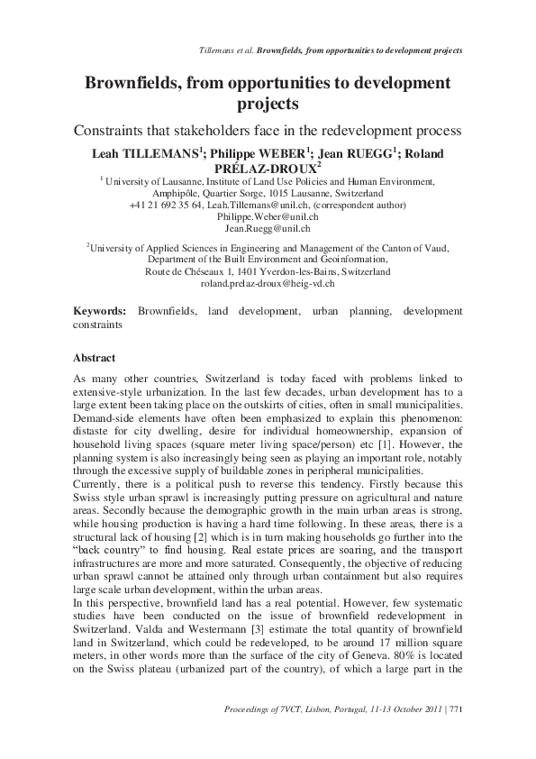 (PDF) Challenges in Swiss Brownfield Redevelopment