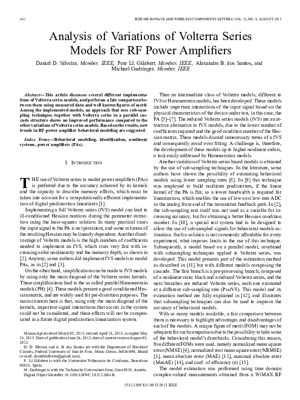 (PDF) Analysis of Variations of Volterra Series Models for RF Power Amplifiers