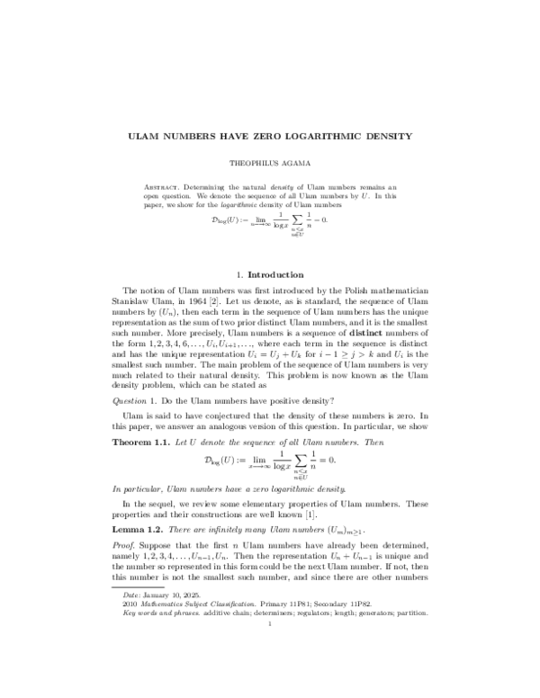 (PDF) Ulam numbers have zero logarithmic density