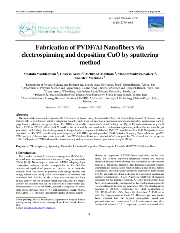 (PDF) Fabrication of PVDF/Al Nanofibers via electrospinning and depositing CuO by sputtering method