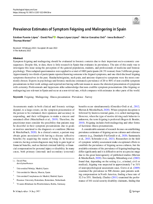 (PDF) Prevalence Estimates of Symptom Feigning and Malingering in Spain