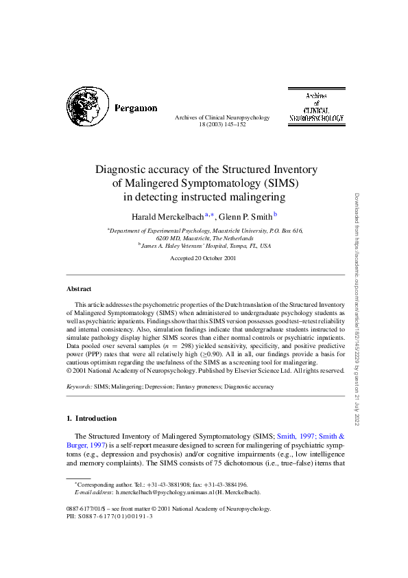 (PDF) Diagnostic accuracy of the Structured Inventory of Malingered Symptomatology (SIMS) in ...