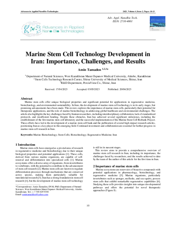 (PDF) Marine Stem Cell Technology Development in Iran: Importance, Challenges, and Results