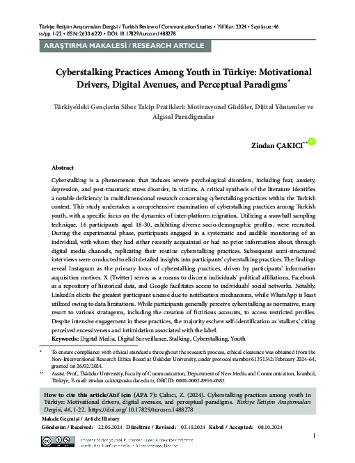 (PDF) Cyberstalking Practices Among Youth in Türkiye: Motivational Drivers, Digital Avenues, and ...