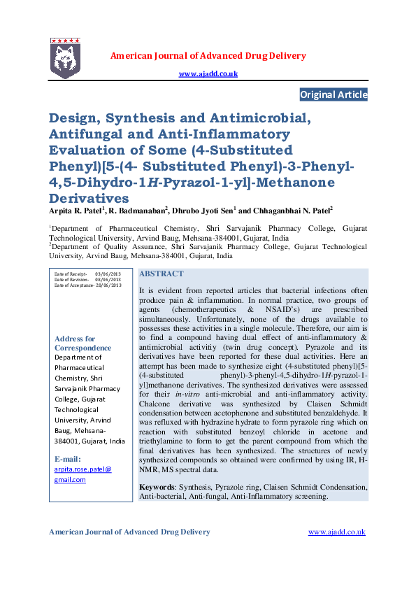 (PDF) Design, Synthesis and Antimicrobial, Antifungal and Anti Inflammatory Evaluation of Some ...