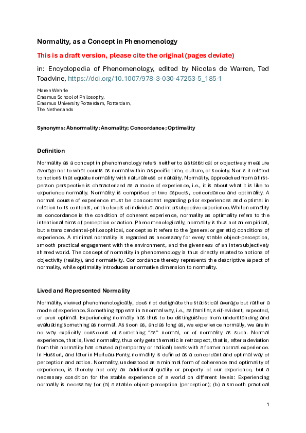 (PDF) Normality, as a concept in Phenomenology (in: Encyclopedia of ...