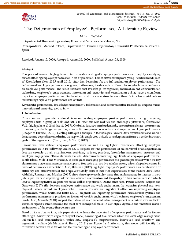 (PDF) The Determinants of Employee’s Performance: A Literature Review