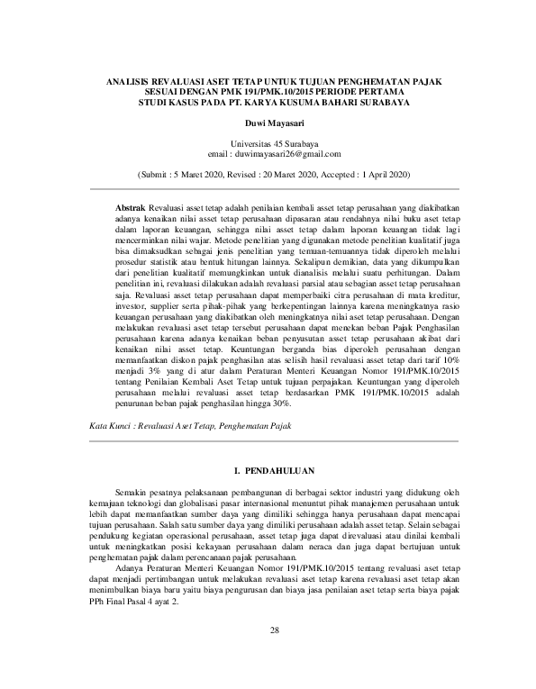 (PDF) Analisis Revaluasi Aset Tetap Untuk Tujuan Penghematan Pajak Sesuai Dengan PMK 191/PMK.10/ ...