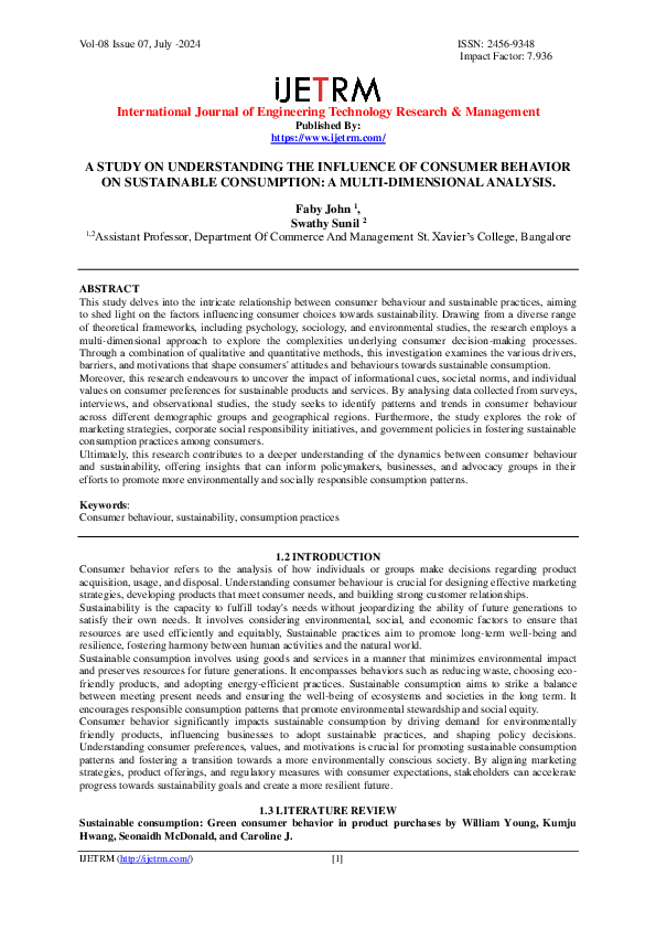 (PDF) A STUDY ON UNDERSTANDING THE INFLUENCE OF CONSUMER BEHAVIOR ON SUSTAINABLE CONSUMPTION: A ...
