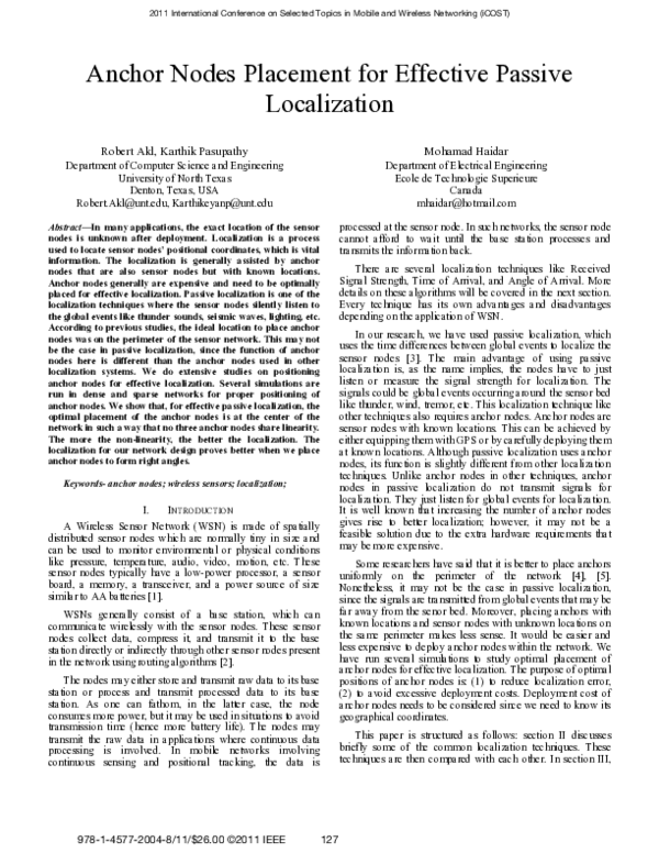 (PDF) Anchor nodes placement for effective passive localization