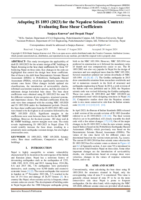 (PDF) Adapting IS 1893 2023 for the Nepalese Seismic Context Evaluating ...
