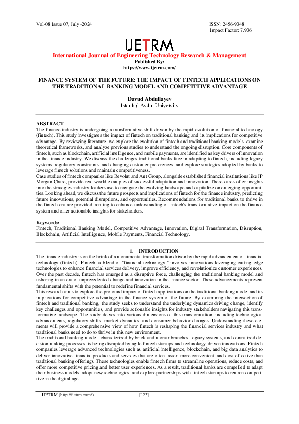 (PDF) FINANCE SYSTEM OF THE FUTURE: THE IMPACT OF FINTECH APPLICATIONS ON THE TRADITIONAL ...