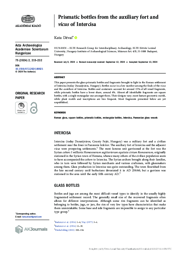 (PDF) Prismatic bottles from the auxiliary fort and vicus of Intercisa
