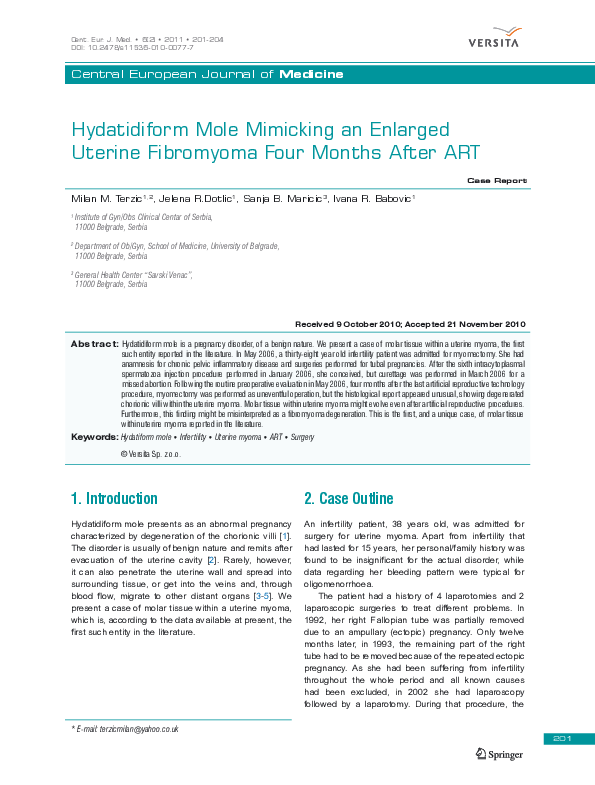 (PDF) Hydatidiform mole mimicking an enlarged uterine fibromyoma four months after ART