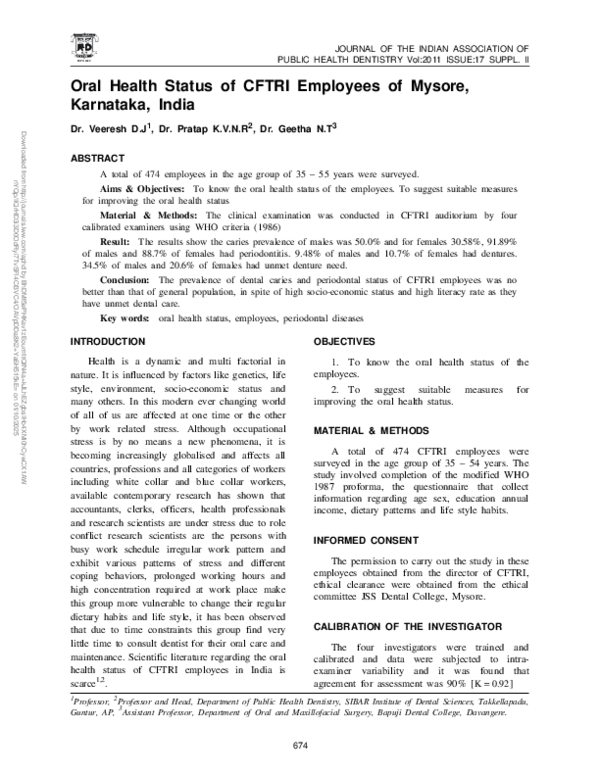 (PDF) Oral Health Status of CFTRI Employees of Mysore, Karnataka, India