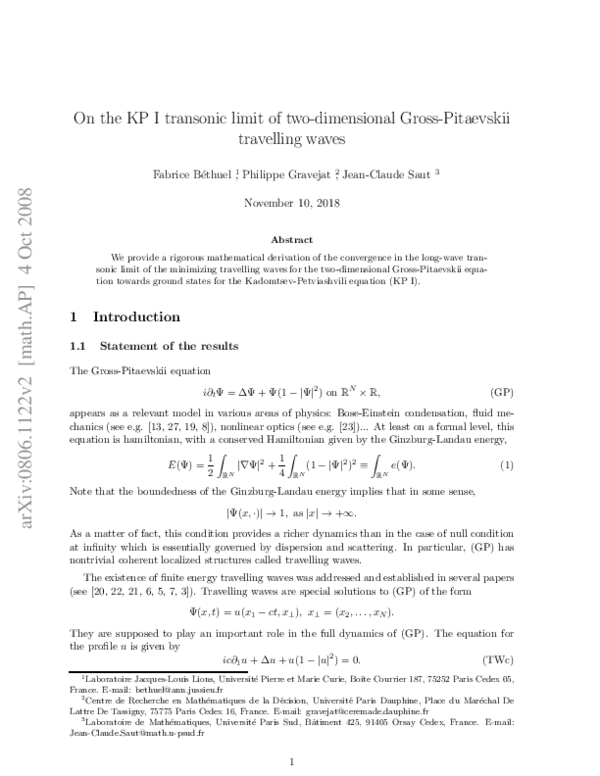 (PDF) On the KP I transonic limit of two-dimensional Gross-Pitaevskii travelling waves