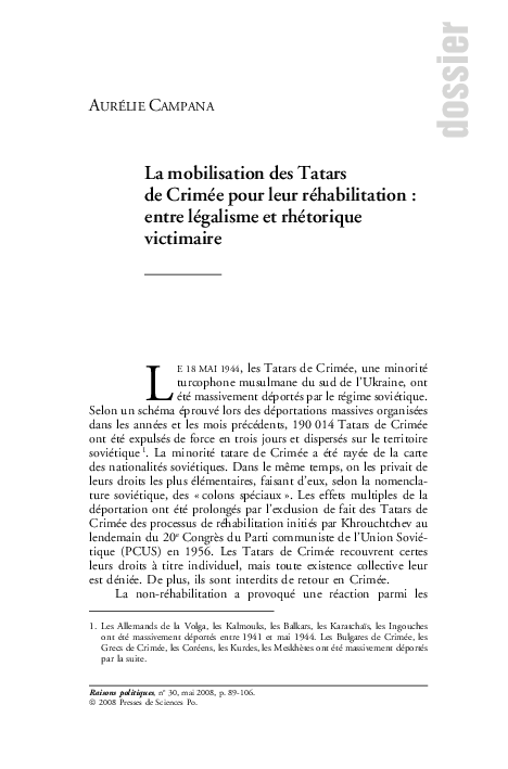 (PDF) La mobilisation des Tatars de Crimée pour leur réhabilitation ...
