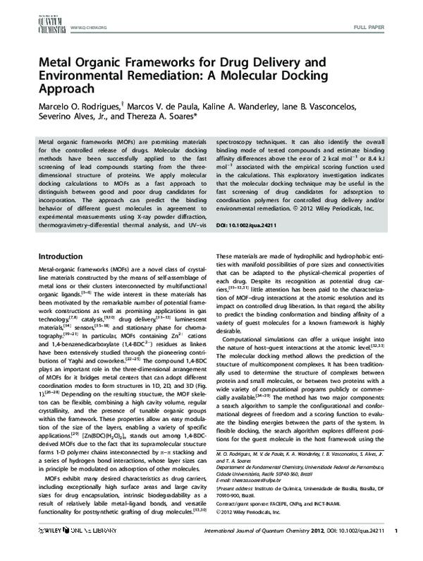 (PDF) Metal organic frameworks for drug delivery and environmental remediation: A molecular ...